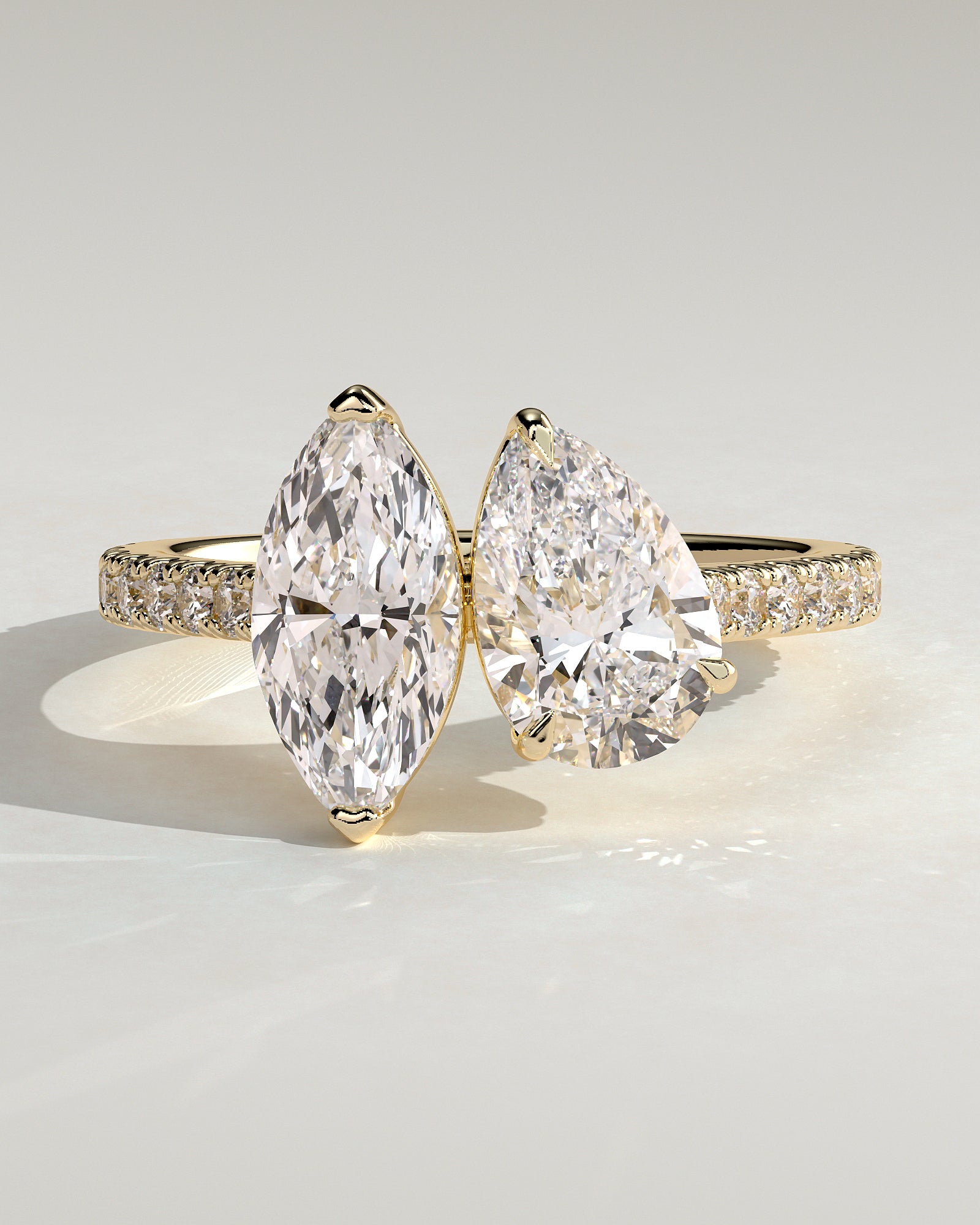 3.30 CT Marquise & Pear Cut Moissanite Two Stone & Pave Engagement Rin ...